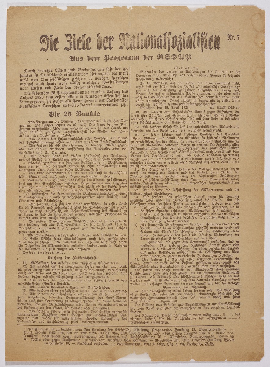 Pamphlet outlining the National Socialist Party 25-point program ...